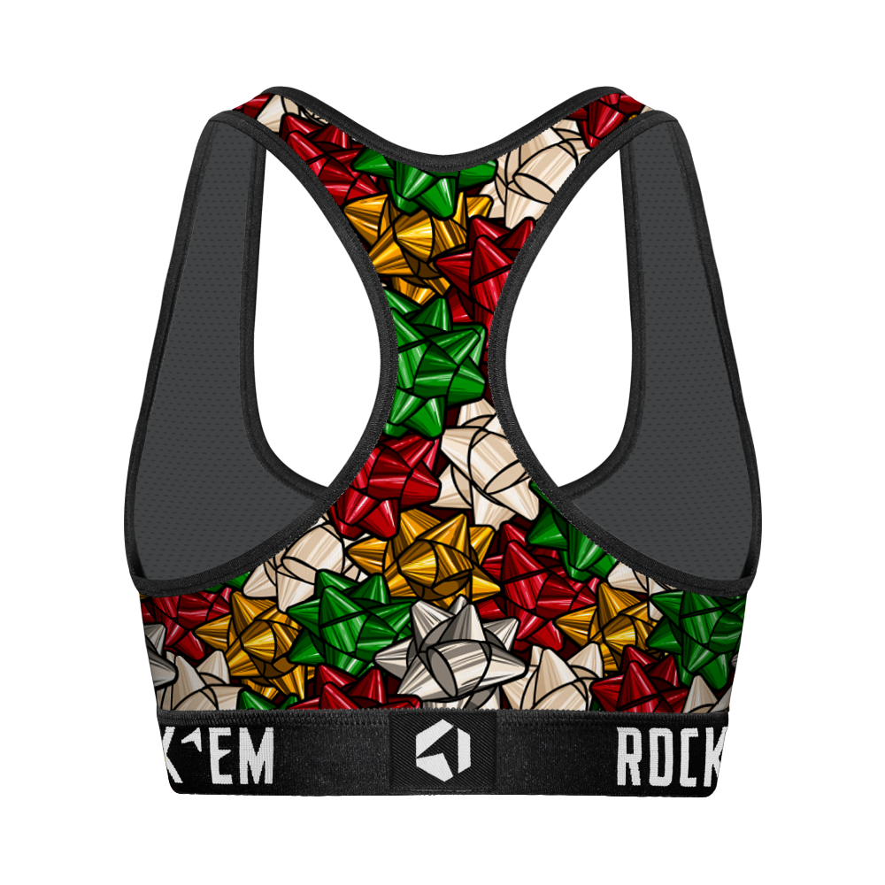 Women's Sports Bra - Christmas Gift Bows - Rock 'Em Socks