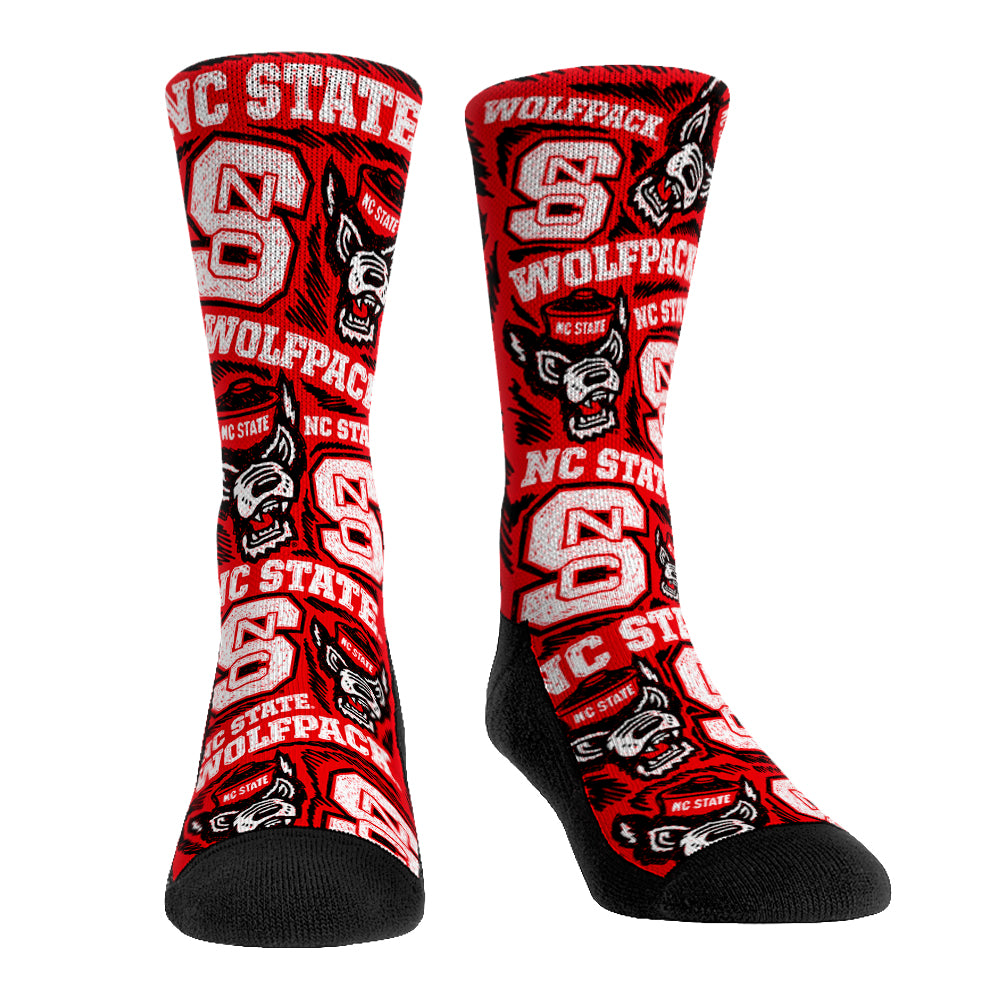 NC State Wolfpack Socks - Rock 'Em Socks - Logo Sketch Red Crew