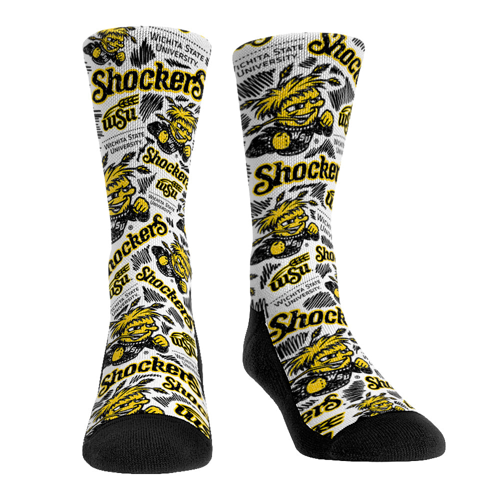 Wichita State Shockers Socks - Rock 'Em Socks - Logo Sketch White Crew